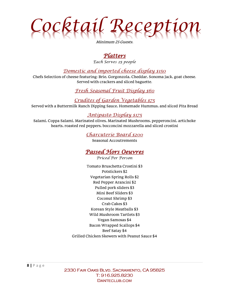 Menus – Dante Event Center