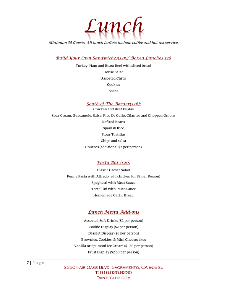 Menus – Dante Event Center