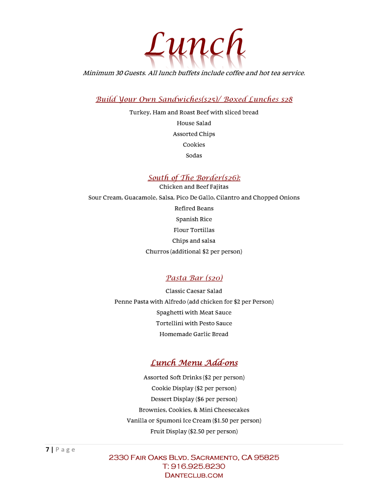 Menus – Dante Event Center