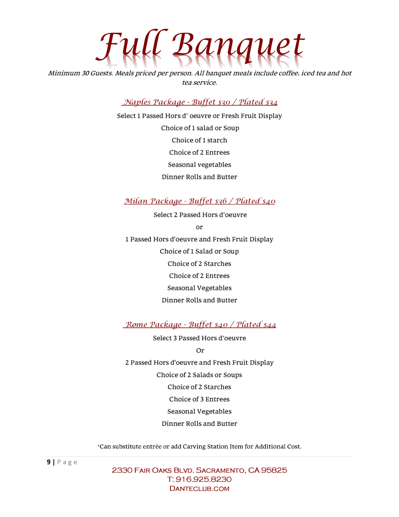 Menus – Dante Event Center