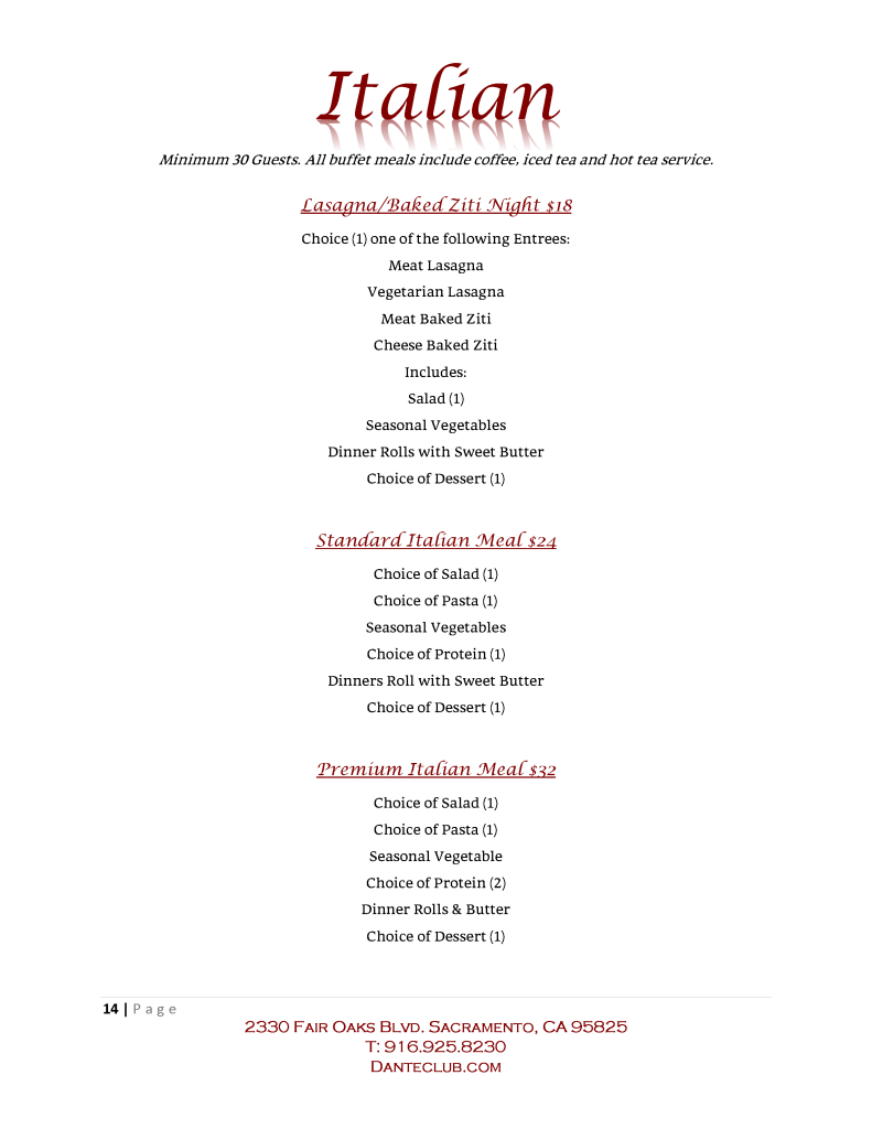 Menus – Dante Event Center