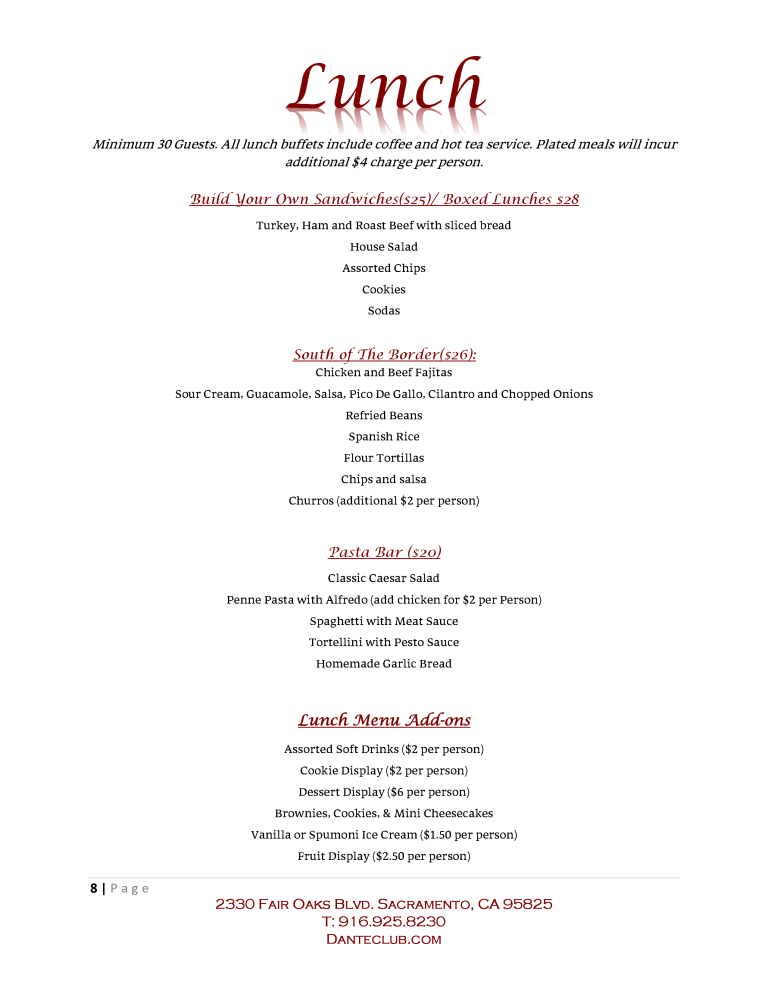Menus – Dante Event Center