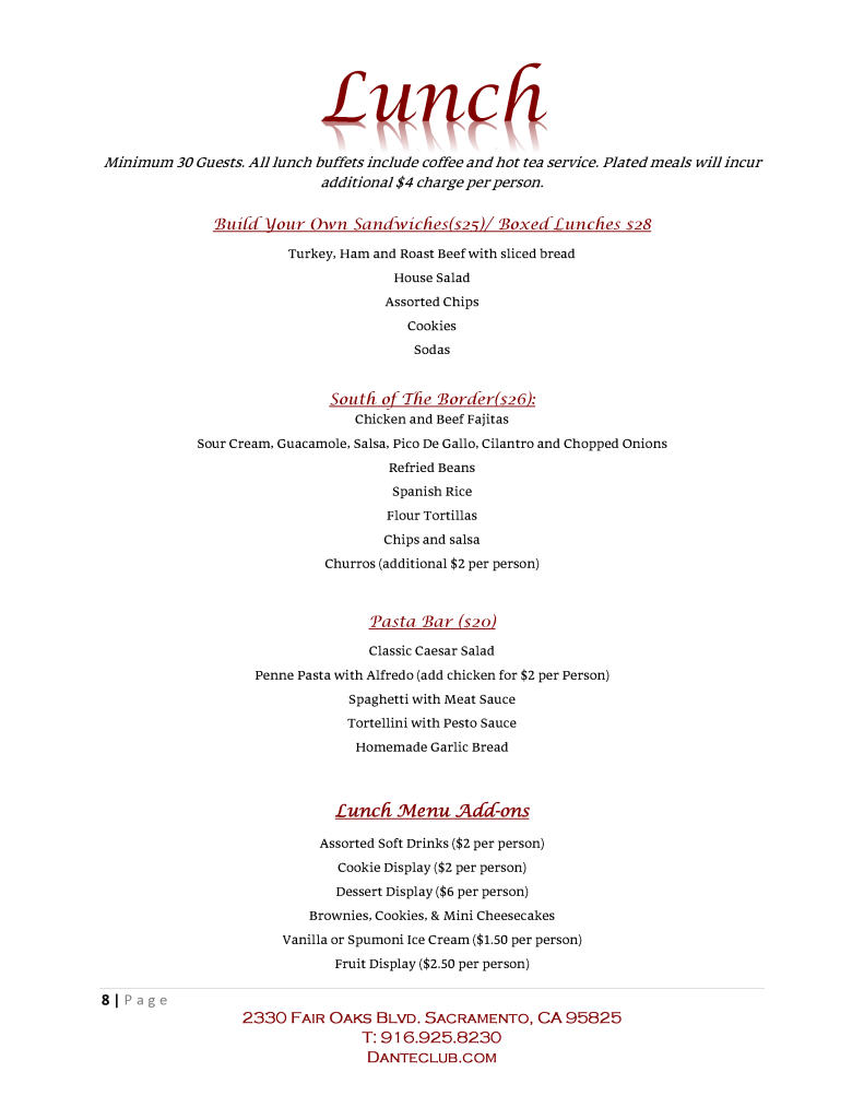 Menus – Dante Event Center