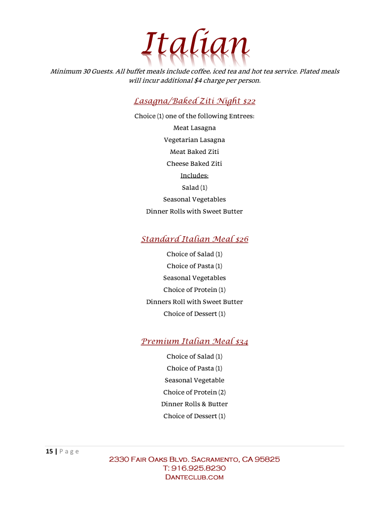 Menus – Dante Event Center