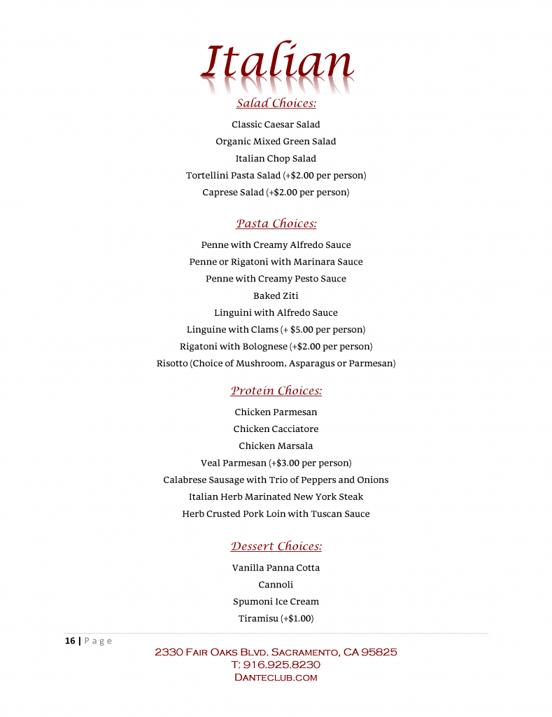 Menus – Dante Event Center