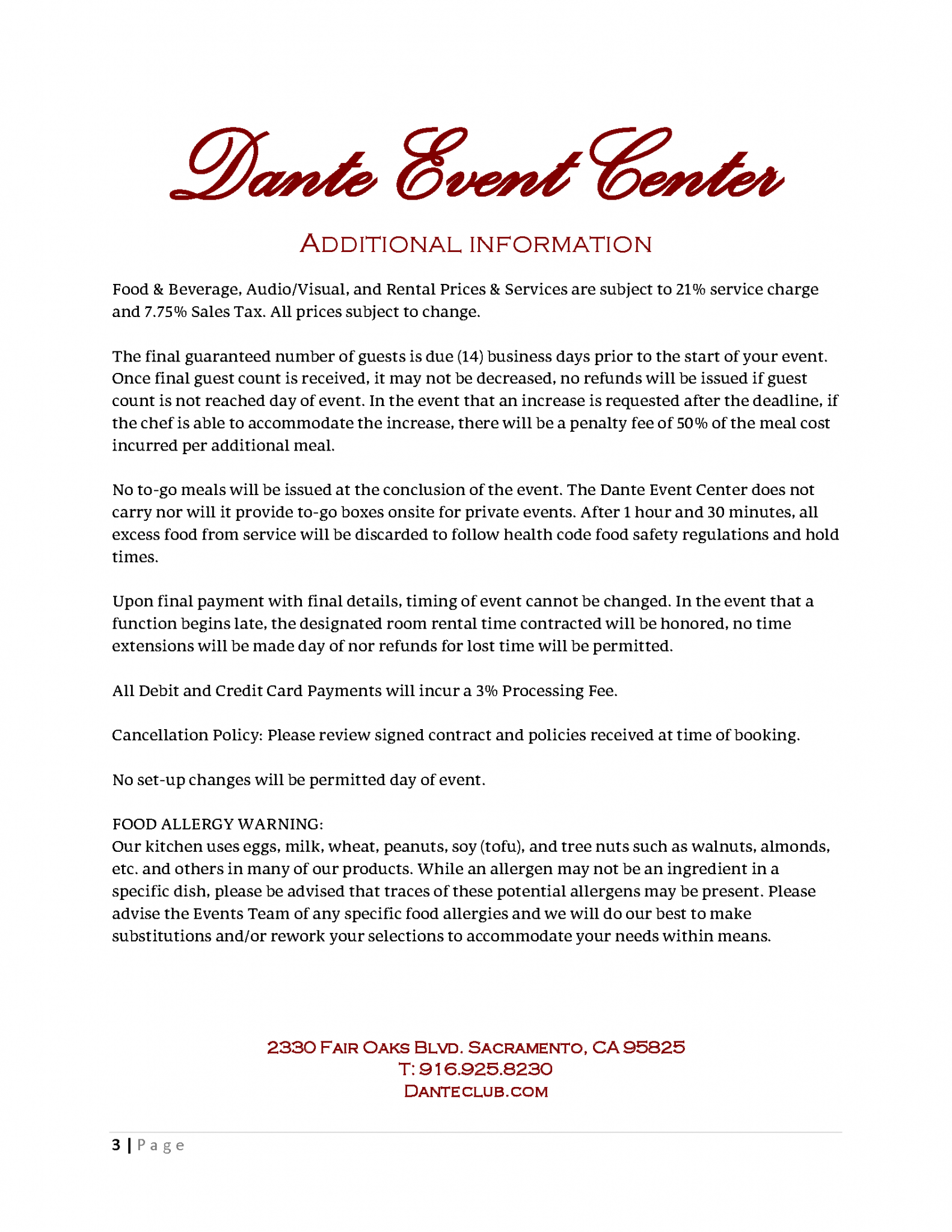 Menus – Dante Event Center