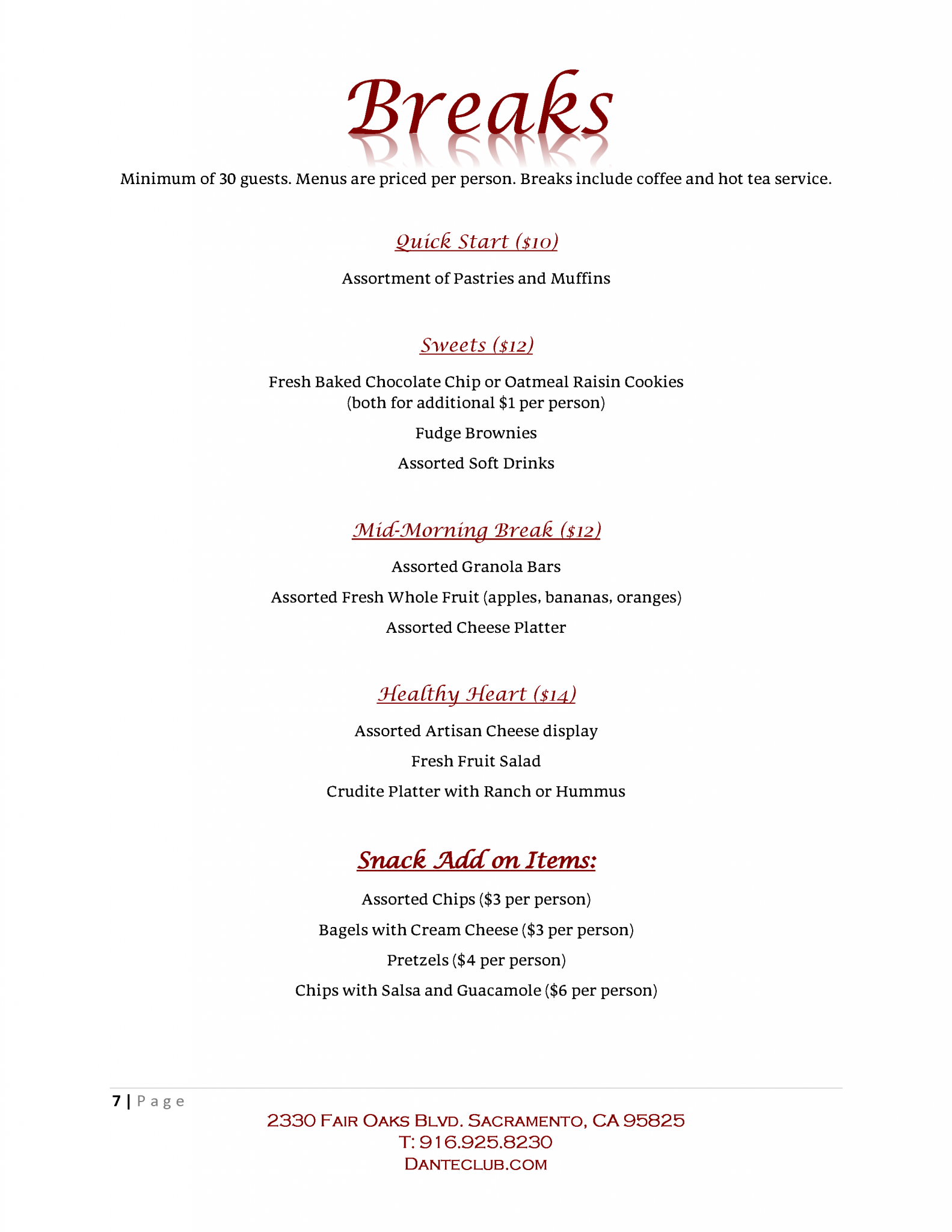 Menus – Dante Event Center