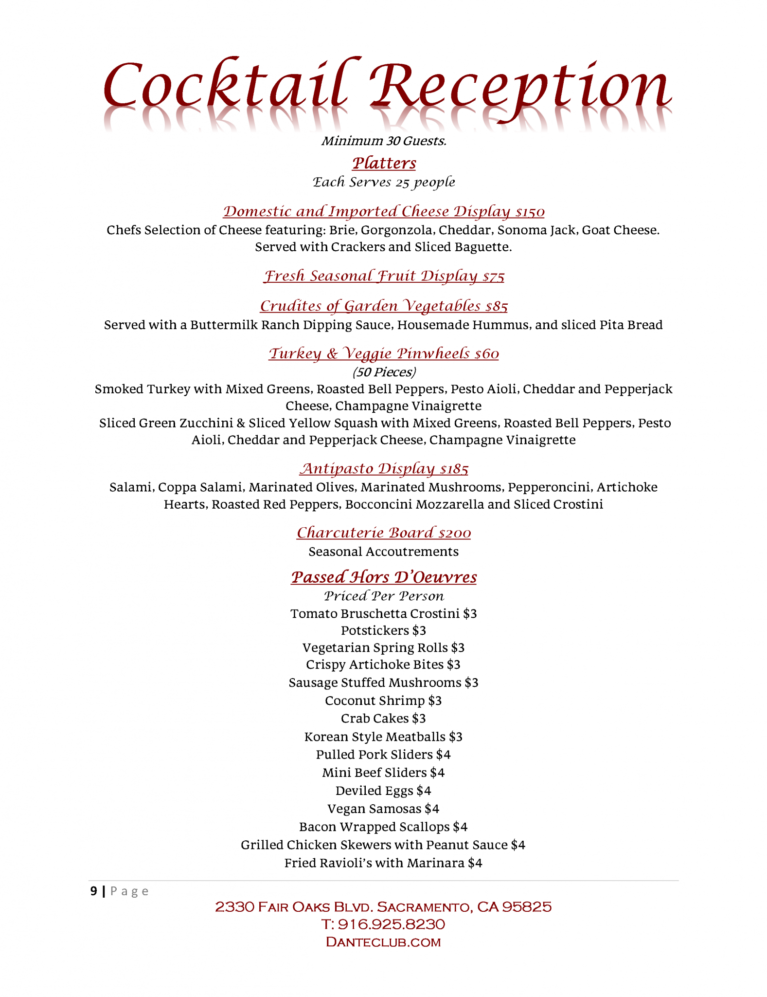 Menus – Dante Event Center
