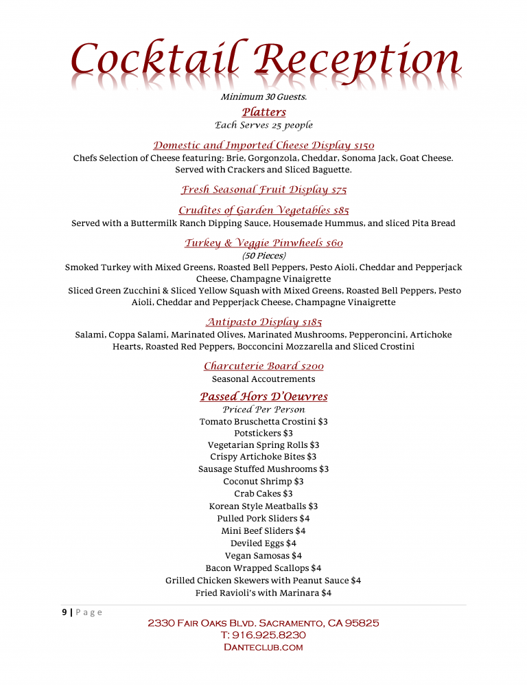 Menus – Dante Event Center