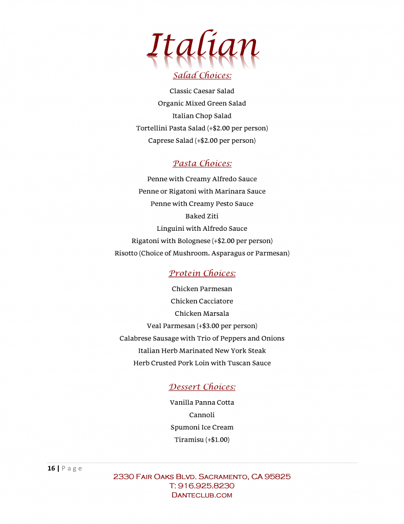 Menus – Dante Event Center